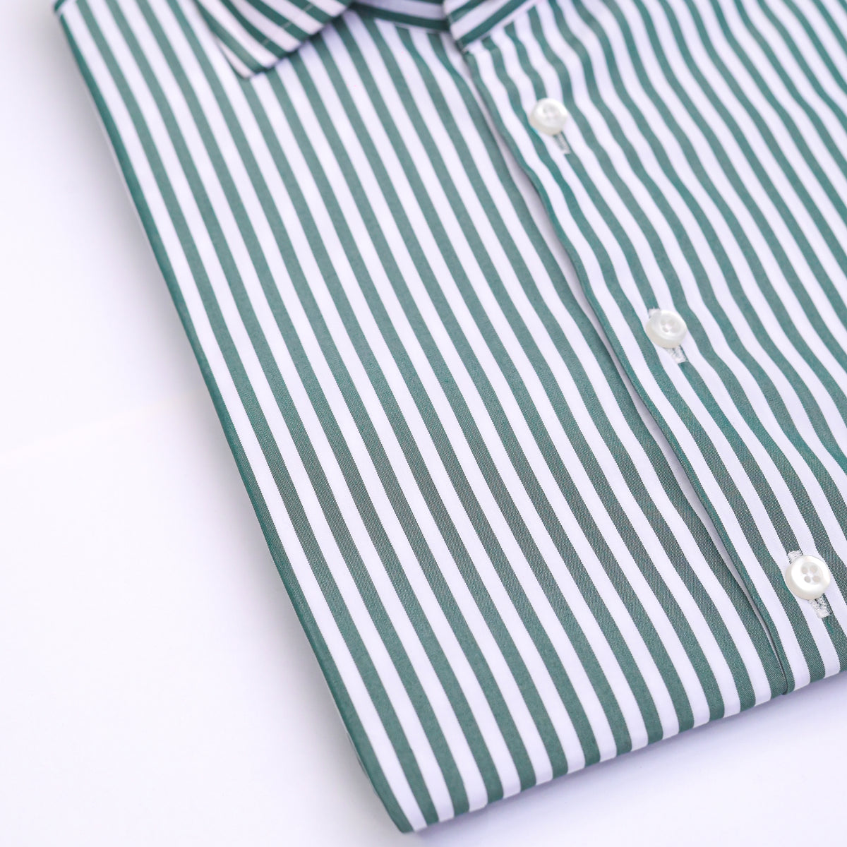 Green and White Stripes - Cotton Poplin with Semi-Spread Collar ...